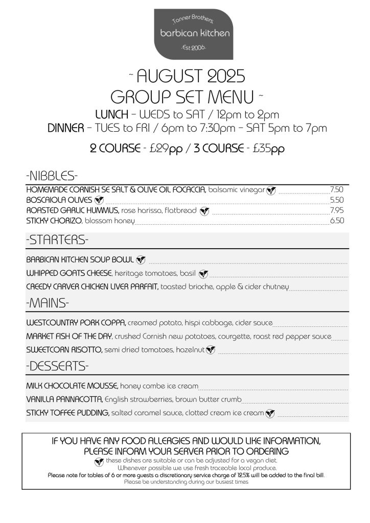 Sample Party Menus - The Barbican Kitchen