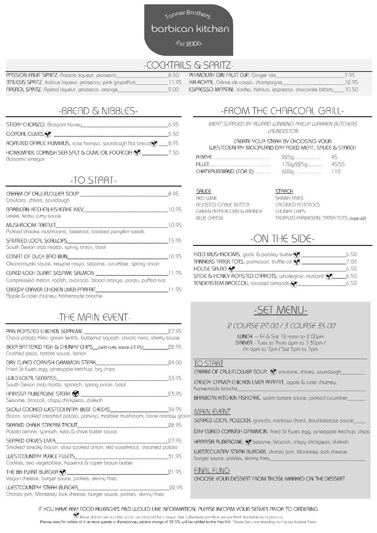 Sample Food & Drinks Menu - The Barbican Kitchen