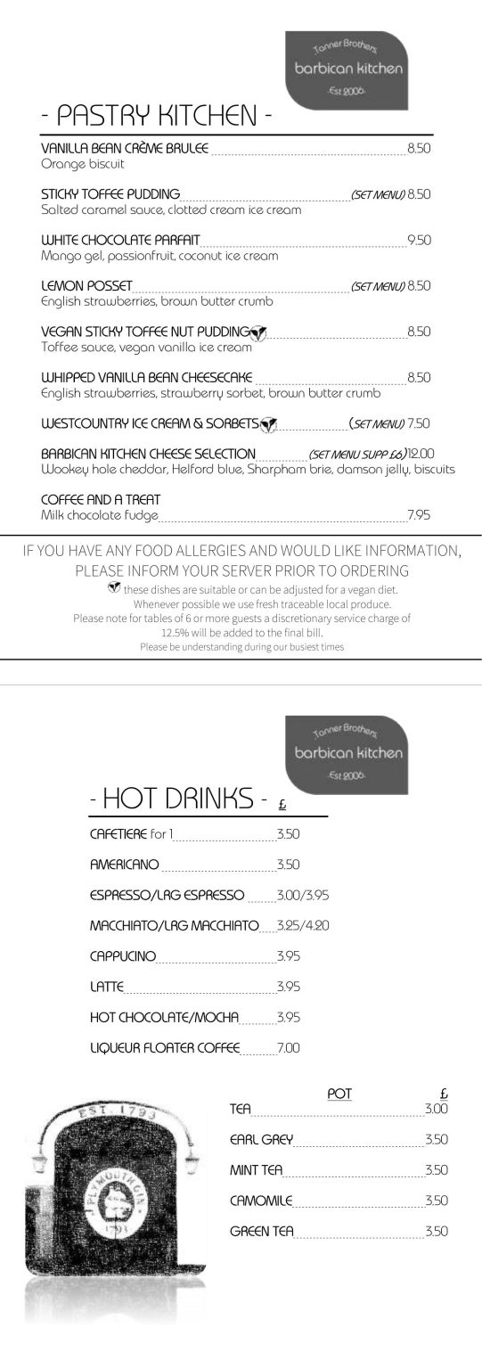Sample Main & Drinks Menu - The Barbican Kitchen