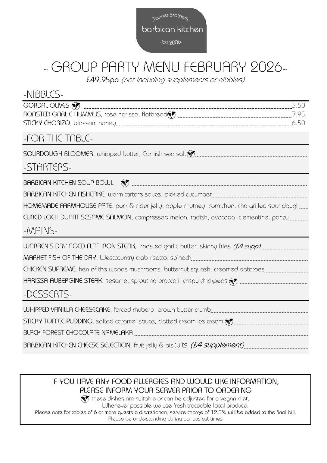 Sample Party Menus - The Barbican Kitchen