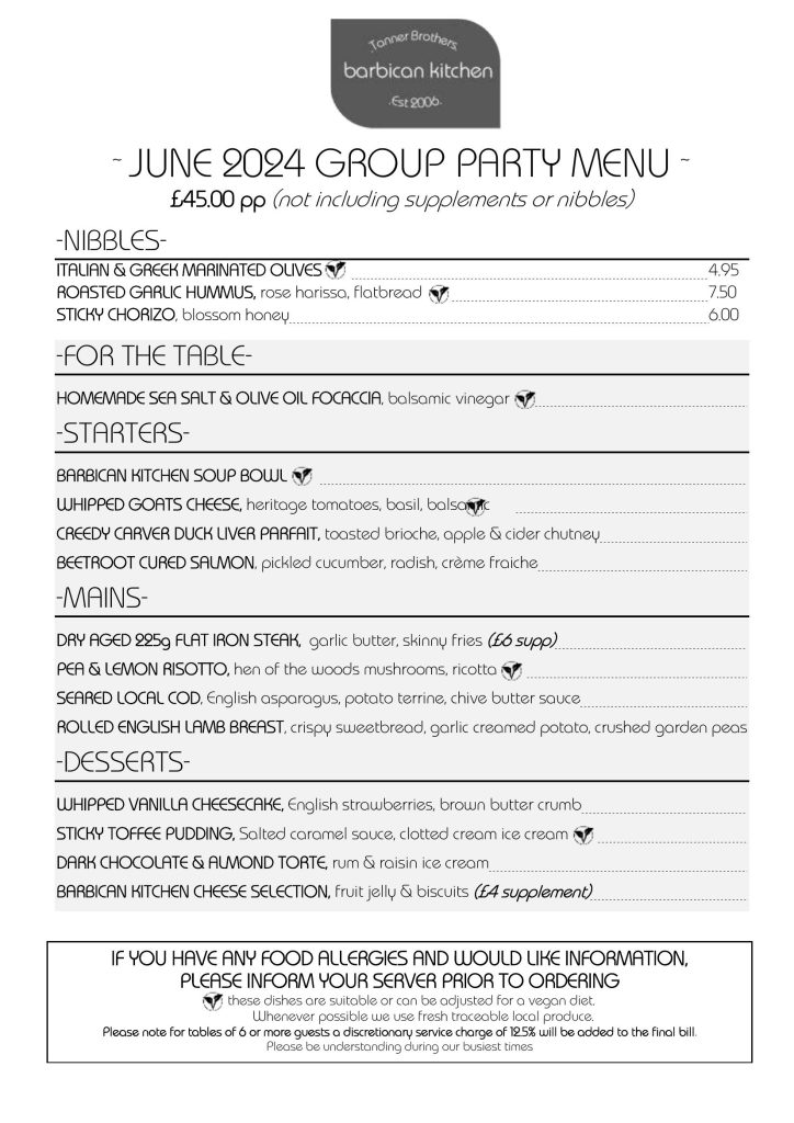 Sample Party Menus - The Barbican Kitchen