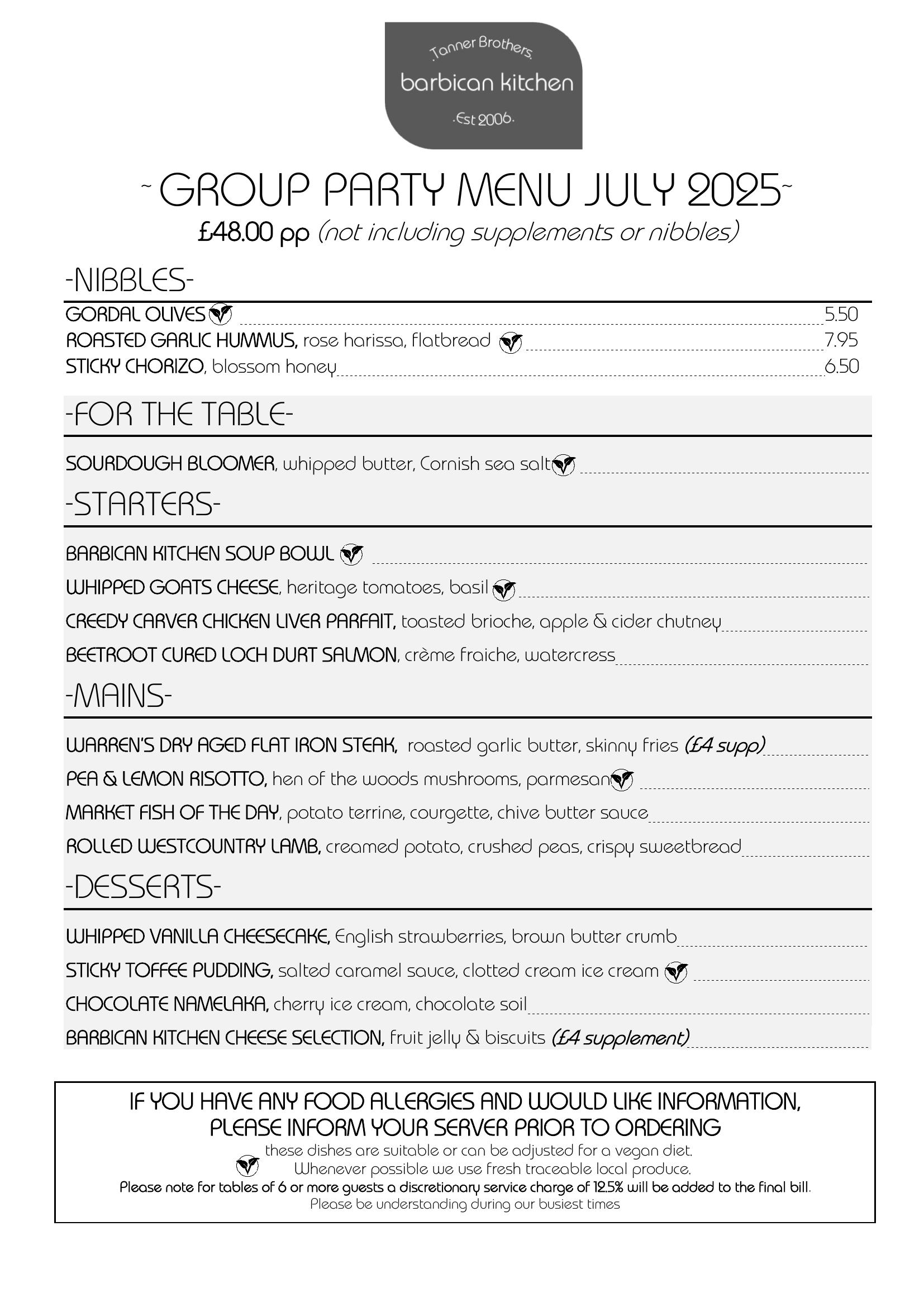 Sample Party Menus - The Barbican Kitchen